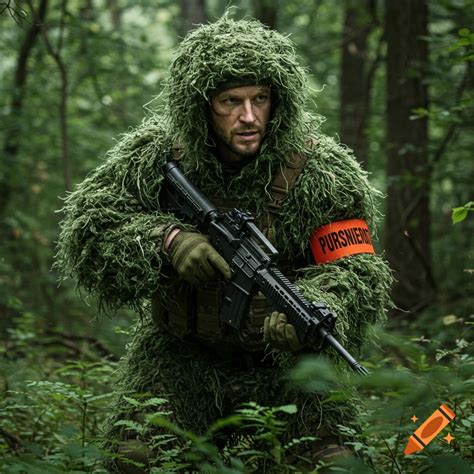 A Soldier In A Green Ghillie Suit Holds A Rifle In A Forest On Craiyon