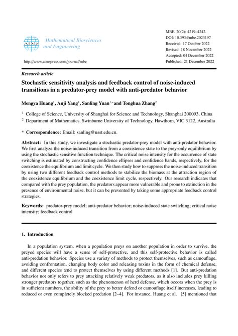 Pdf Stochastic Sensitivity Analysis And Feedback Control Of Noise Induced Transitions In A