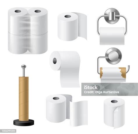 종이 롤 홀더 현실적인 위생 제품 부엌 및 욕실 액세서리 롤에 종이 타월 테이프 골판지 부싱 및 금속 크롬 홀더 셀로판 포장 벡터 3d 모형 종이에 대한 스톡 벡터 아트 및