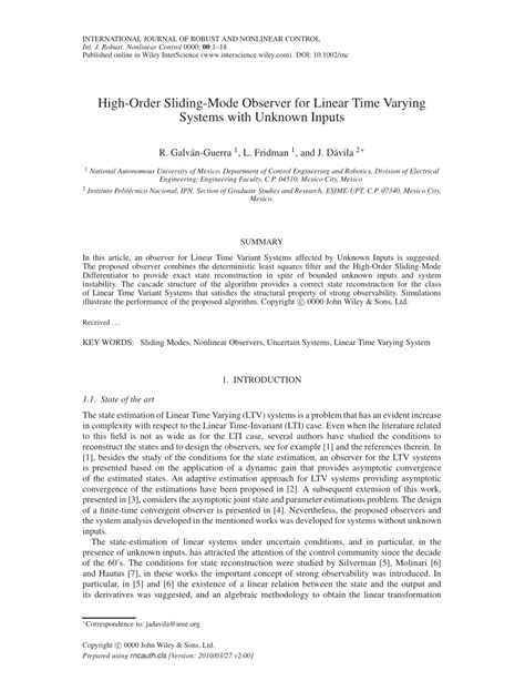 Pdf High Order Sliding Mode Observer For Linear Time Varying Systems