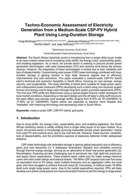 Pdf Techno Economic Assessment Of Electricity Generation From A Medium Scale Csp Pv Hybrid