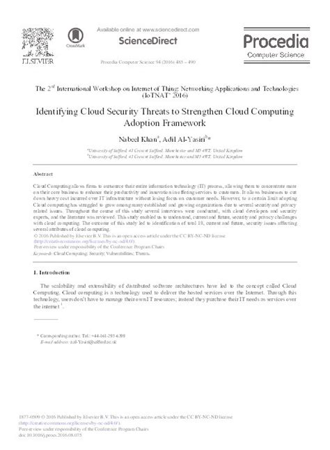 Identifying Cloud Security Threats To Strengthen Cloud Computing Adoption Framework