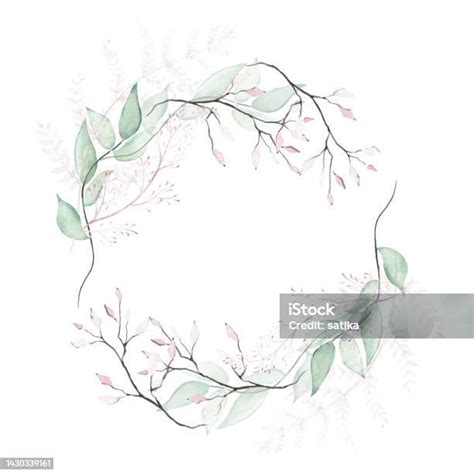 수채화는 흰색 배경에 꽃 화환을 그렸습니다 투명한 녹색과 분홍색 가지 나뭇잎 나뭇 가지 벡터 곡선에 대한 스톡 벡터 아트 및