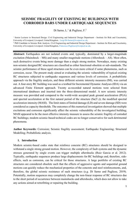 Pdf Seismic Fragility Of Existing Rc Buildings With Corroded Bars Under Earthquake Sequences