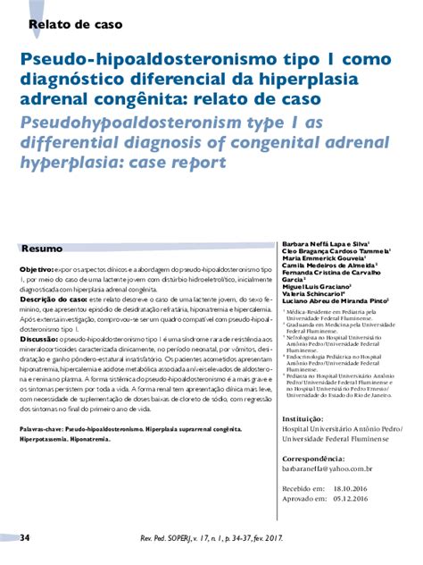 Pdf Pseudo Hipoaldosteronismo Tipo 1 Como Diagnóstico Diferencial Da
