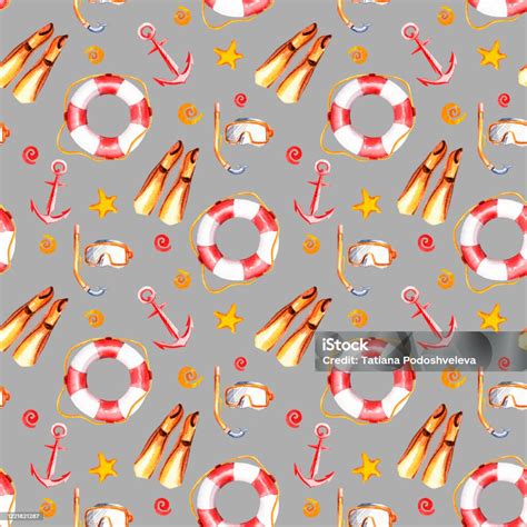 고립 된 개체와 수채화 원활한 패턴 바다 모험 디자인 벽지 포장에 적합합니다 손으로 만든 수채화 는 잊혀진 여름 개체를 그린 0명에 대한 스톡 벡터 아트 및 기타 이미지