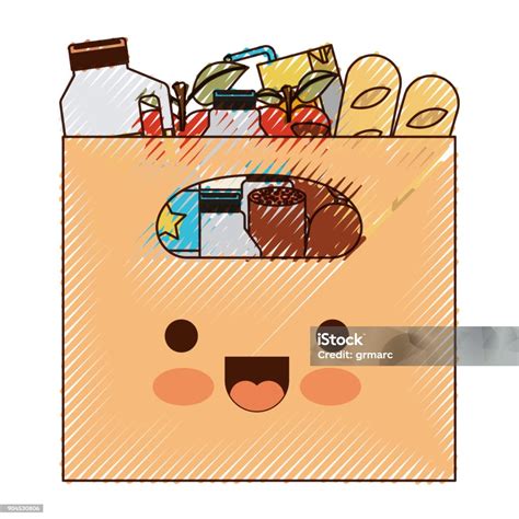 귀여운 큰 종이 가방 핸들 및 식품 소시지와 빵 사과 음료 오렌지 주스와 물 병 고 색된 크레용 실루엣 Lacteal 슈퍼마켓에 대한 스톡 벡터 아트 및 기타 이미지