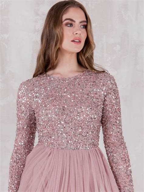 Frosted Pink Long Sleeved Sequin Gown Sparkly Gown Pink Sequin Dress