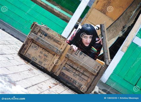 The Girl Gets Out Of The Shipping Container Stock Image Image Of