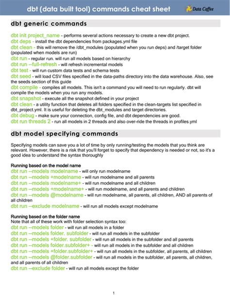 dbt data built tool commands cheat sheet download printable pdf