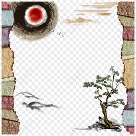 한국의 고대 나무 일러스트와 산의 전통적인 종이 테두리 일러스트 전통먼 산대한민국 Png 일러스트 무료 다운로드 Lovepik