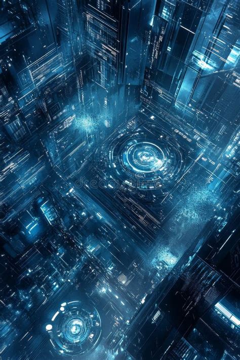 futuristic digital environment with glowing blue circuit patterns stock
