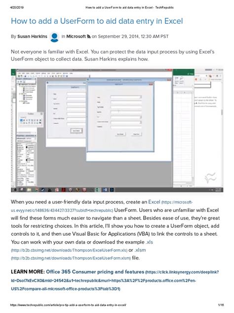 How To Add A Userform To Aid Data Entry In Excel Techrepublic Pdf Visual Basic For