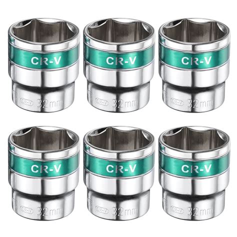 Uxcell 6pcs 12 Drive 6 Points Socket 32mm Cr V Metric Shallow Socket Silver Green