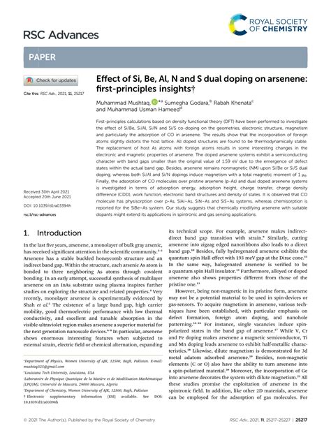 Pdf Effect Of Si Be Al N And S Dual Doping On Arsenene First Principles Insights