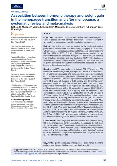 Pdf Association Between Hormone Therapy And Weight Gain In The