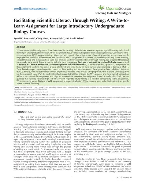 PDF Facilitating Scientific Literacy Through Writing A Write To Learn Assignment For Large