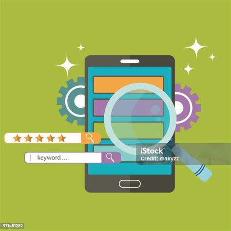 모바일 응용 프로그램 개념입니다 돋보기와 선호도 별 스마트 전화 장치 평면 벡터 일러스트입니다 개념에 대한 스톡 벡터 아트 및