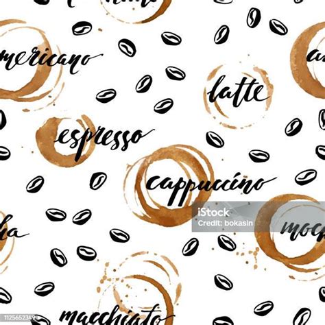 손으로 그린 커피 완벽 한 패턴 검정 잉크 커피 콩 찻잔 인쇄 및 글자 배경 때묻은에 대한 스톡 벡터 아트 및 기타 이미지