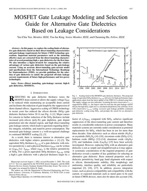 Pdf Mosfet Gate Leakage Modeling And Selection Guide For Alternative Gate Dielectrics Based On