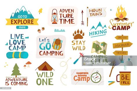 캠핑 레터링 여름 캠프 여행 산악 하이킹 손으로 그린 낙서 요소 벡터 세트와 모험 따옴표와 문구 캠핑에 대한 스톡 벡터 아트 및 기타 이미지 Istock
