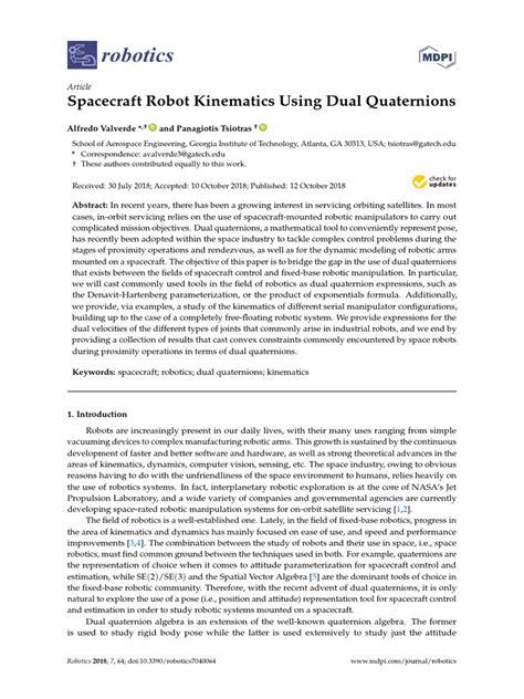 Spacecraft Robot Kinematics Using Dual Quaternions Pdf Kinematics