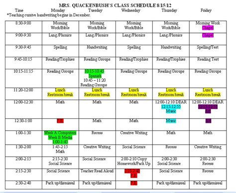 Class Schedule Mrs Quackenbushs Second Grade Class