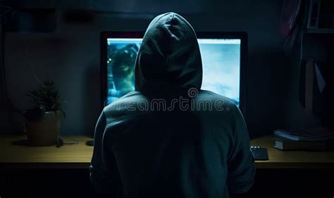 Mysterious Male Hacker Facing The Monitor Ai Generative Stock Illustration Illustration Of