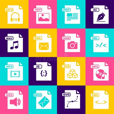 Set Xml File Document Mp3 Xsl Pdf Eml Wav And Raw Icon Vector Stock Vector Illustration