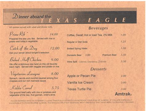 Amtrak Snack Car Menu Menu From The Dining Car On The Illinois Central