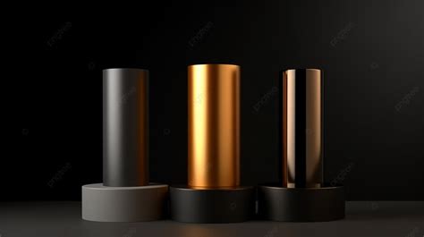 어두운 원통형 모양으로 최소한의 검정색과 금색 3d 렌더링 연단 3d 무대 제품 단계 플랫폼 배경 일러스트 및 사진 무료