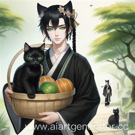 Elegant Youth In Traditional Hanfu With Cat Ears And Basket Ai Art