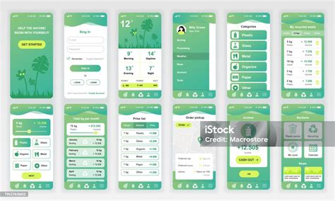 Ui Ux Gui의 집합 모바일 앱을 위한 생태 앱 평면 디자인 템플릿 그래픽 사용자 인터페이스에 대한 스톡 벡터 아트 및 기타