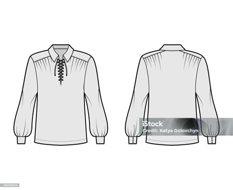해적 블라우스 기술 패션 일러스트와 풍성한 긴 소매 시인 레이싱 칼라 오버사이즈 튜닉 길이 0명에 대한 스톡 벡터 아트 및 기타 이미지 Istock