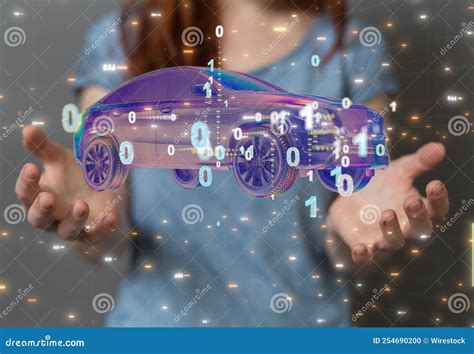 D Digital Car Surrounded By Binary Codes Concept Of Autonomous Driving With An Electric Car