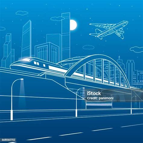 기차 철도 다리를 따라 여행 하는 고속도로 도시 인프라 일러스트 배경 산업 건축 타워와 고층 빌딩 비행기 비행에 현대 도시 벡터 디자인 아트 디자인에 대한 스톡 벡터 아트