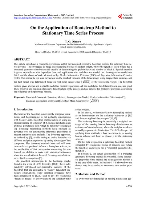 Pdf On The Application Of Bootstrap Method To Stationary Time Series Process
