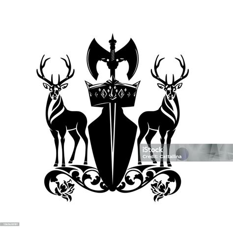 바이킹 전투 도끼 장미 꽃과 로얄 크라운 흑백 벡터 전령 디자인 사슴 사슴 북유럽 신화에 대한 스톡 벡터 아트 및 기타 이미지 북유럽 신화 사슴 휘장 Istock