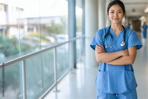 Smiling Beautiful Asian Nurse Wearing Blue Scrubs In A Bright And