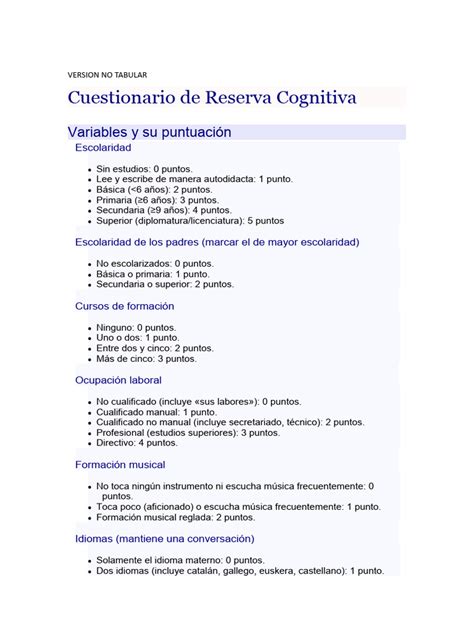 Cuestionario De Reserva Cognitiva Version Tabular Y No Tabular Pdf