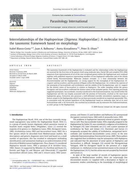 Pdf Interrelationships Of The Haploporinae Digenea Haploporidae A