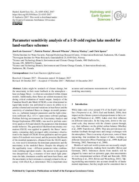 Pdf Parameter Sensitivity Analysis Of A 1 D Cold Region Lake Model For Land Surface Schemes