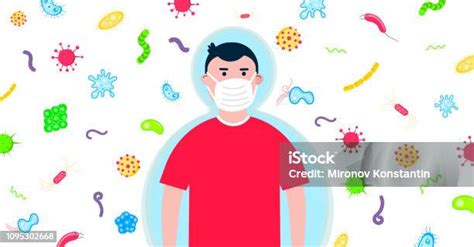 어린이 Bacterias와 보호 마스크 소년 그리고 그 뒤에 Microbs 평면 흰색 배경에 고립는 스타일 디자인 벡터 일러스트 레이 션 독감과 계절 질병 보호 개념입니다