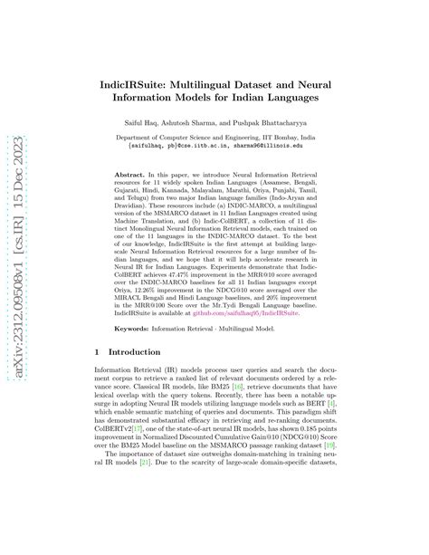 Indicirsuite Multilingual Dataset And Neural Information Models For