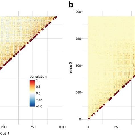 correlation a and ld matrix b for mouse data on chromosome 17 the