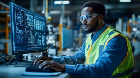 engineer using computer in industrial setting premium ai generated image