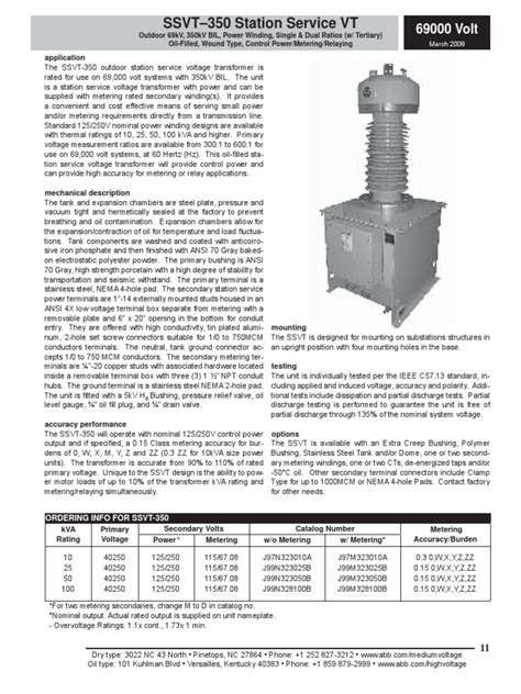 Ssvt 350 Station Service Vt 69000 Volt Pdf Transformer Electricity