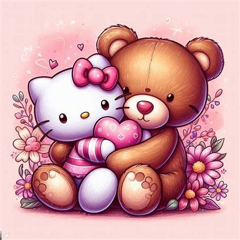 Hello Kitty Hugging A Bear Pink Wallpaper Hello Kitty Hello Kitty Pictures Hello Kitty Drawing