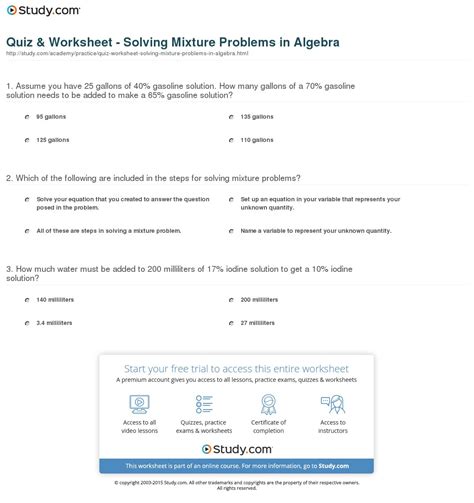 Mixture Problems Worksheet Db Excel
