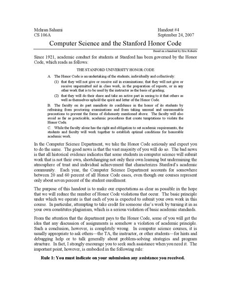 Computer Science And The Stanford Honor Code Section Handout Programming Methodology 4